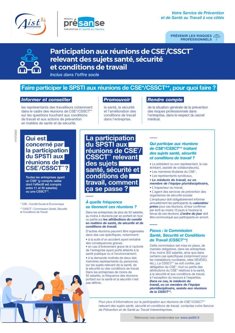 Offre socle - Participation aux réunions du CSE/CSSCT relevant des sujets santé, sécurité et ...